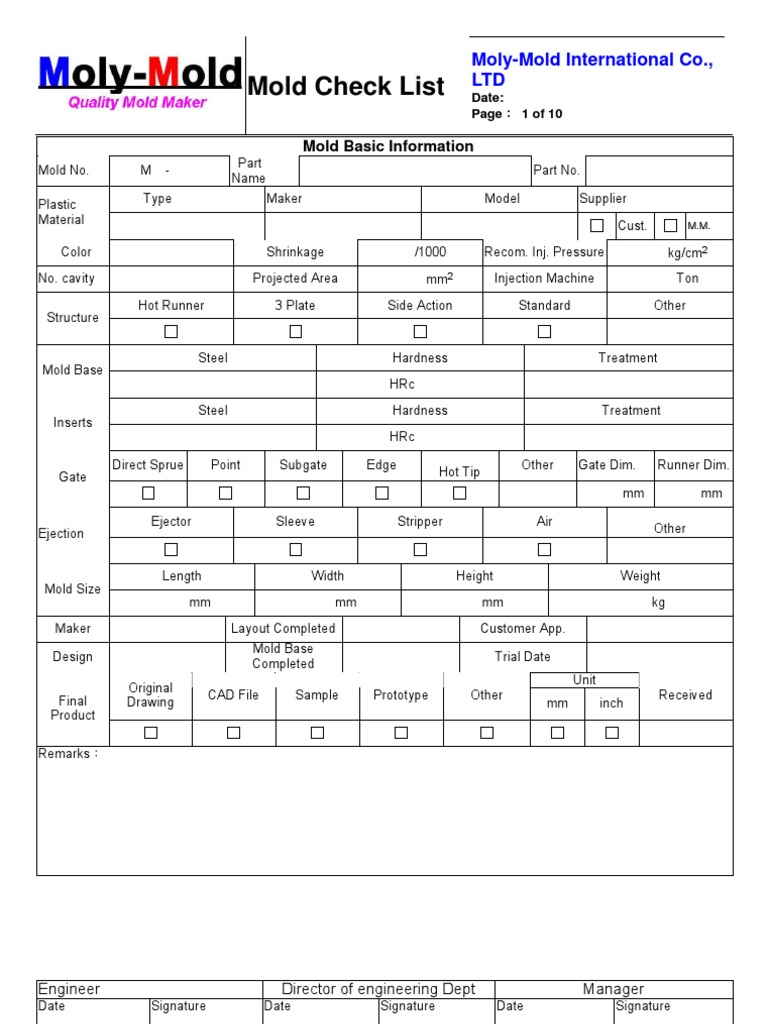 Mold Check List | PDF | Industrial Processes | Mechanical Engineering