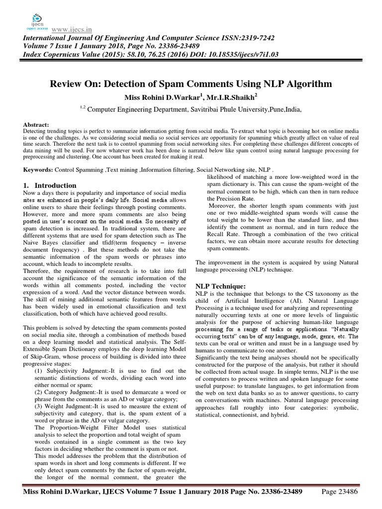 Review On Detection of Spam Comments Using NLP Algorithm | PDF ...