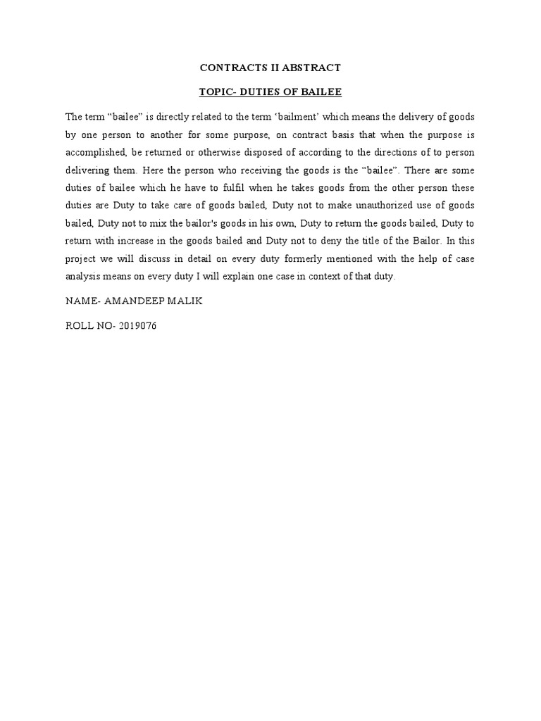 Contracts Ii Abstract Topic-Duties of Bailee | PDF