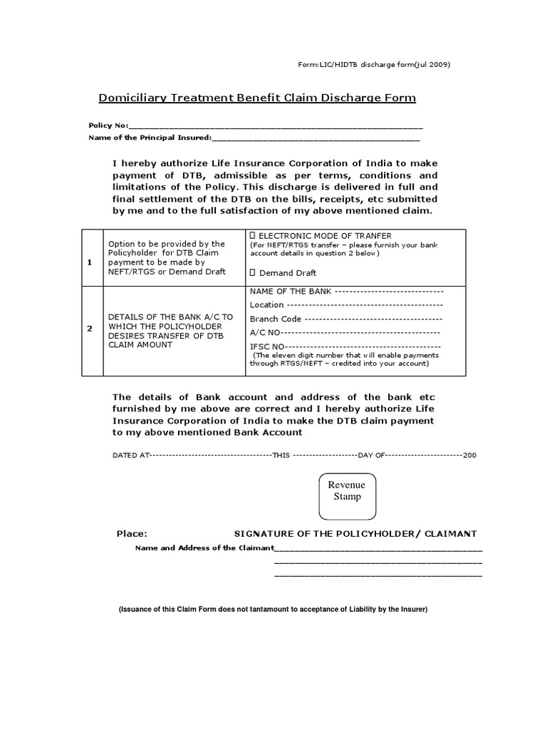 Domiciliary Treatment Benefit Claim Discharge Form: Revenue Stamp | PDF ...