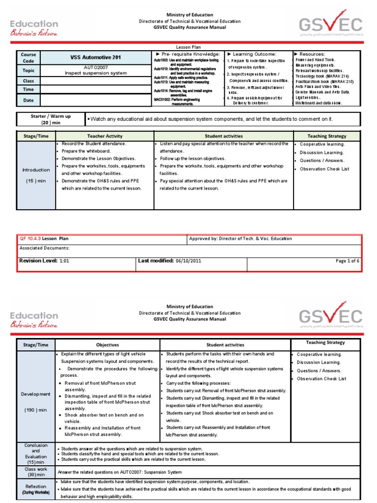 Automotive Suspension Training | PDF | Lesson Plan | Vocational Education