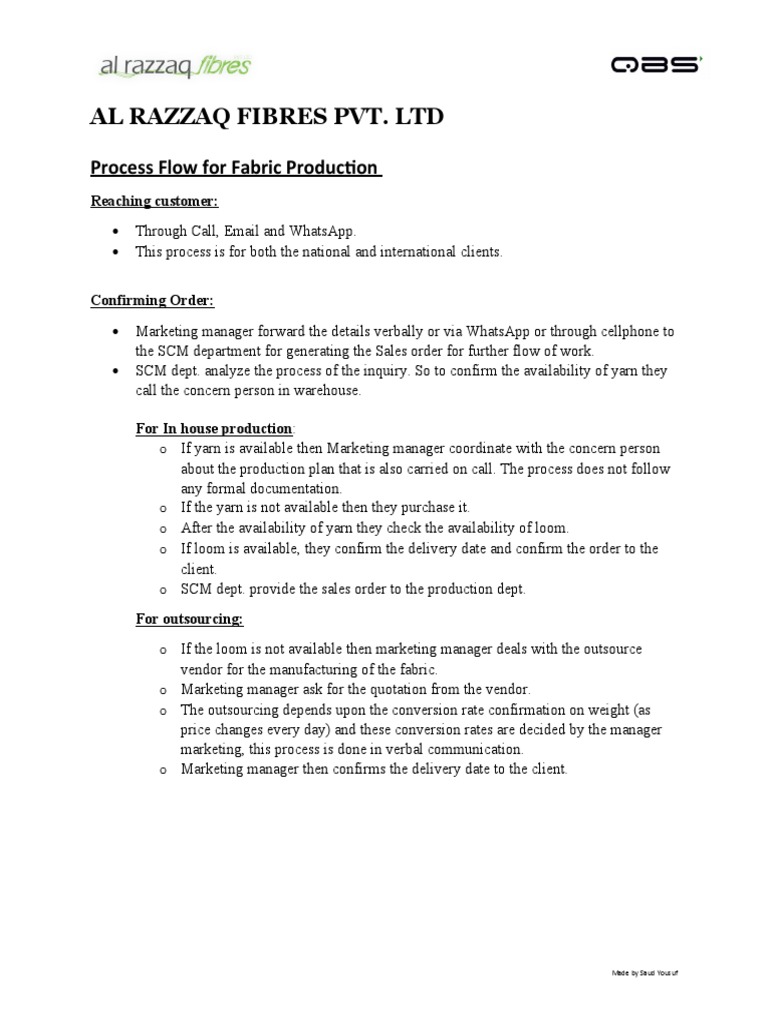 Al Razzaq Fibres Pvt. LTD: Process Flow For Fabric Production | PDF ...