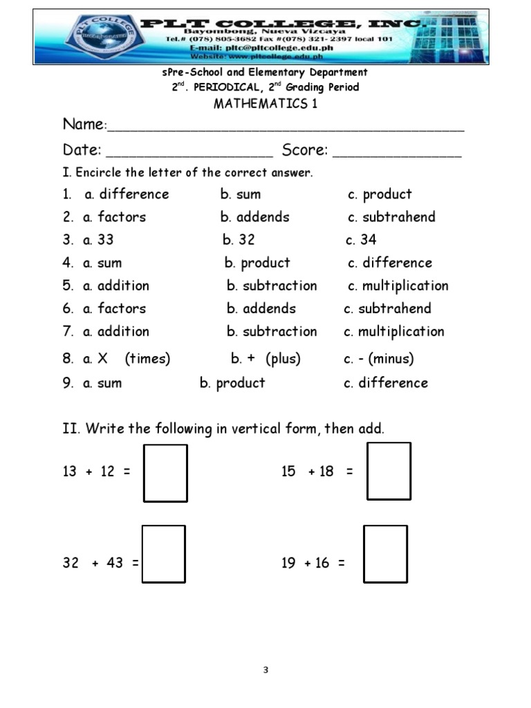 Answer Sheet Grade 1 Periodical | Download Free PDF | Subtraction ...