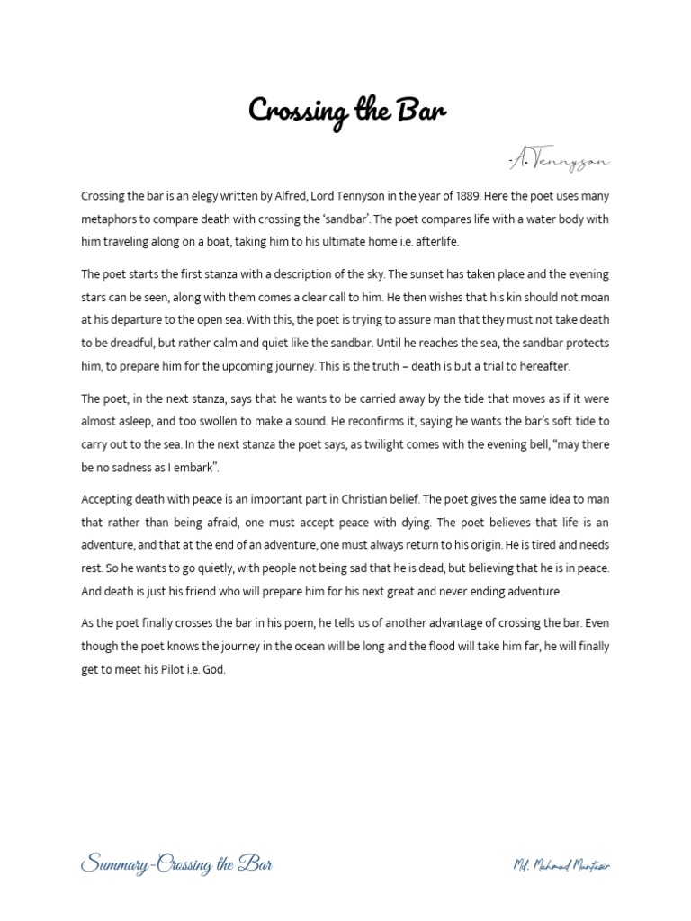 Crossing The Bar - Summary | PDF | Poetry