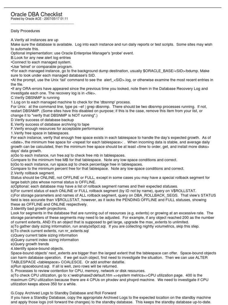 Oracle DBA Checklist | PDF | Database Index | Databases Oracle DBA Checklist | PDF | Database Index | Databases
