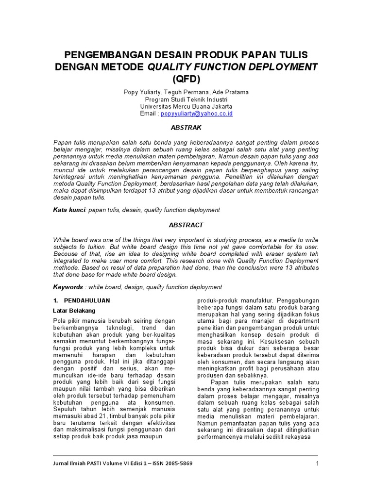 Pengembangan Desain Produk Papan Tulis Dengan Metode Quality Function Deployment (QFD), No Issn ...