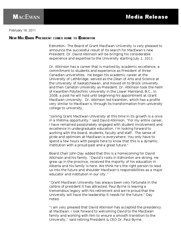 New MacEwan President | PDF | University | Edmonton