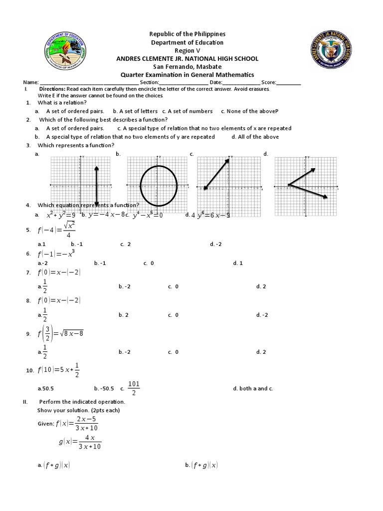 Andres Clemente Jr. National High School Quarter Examination in General ...