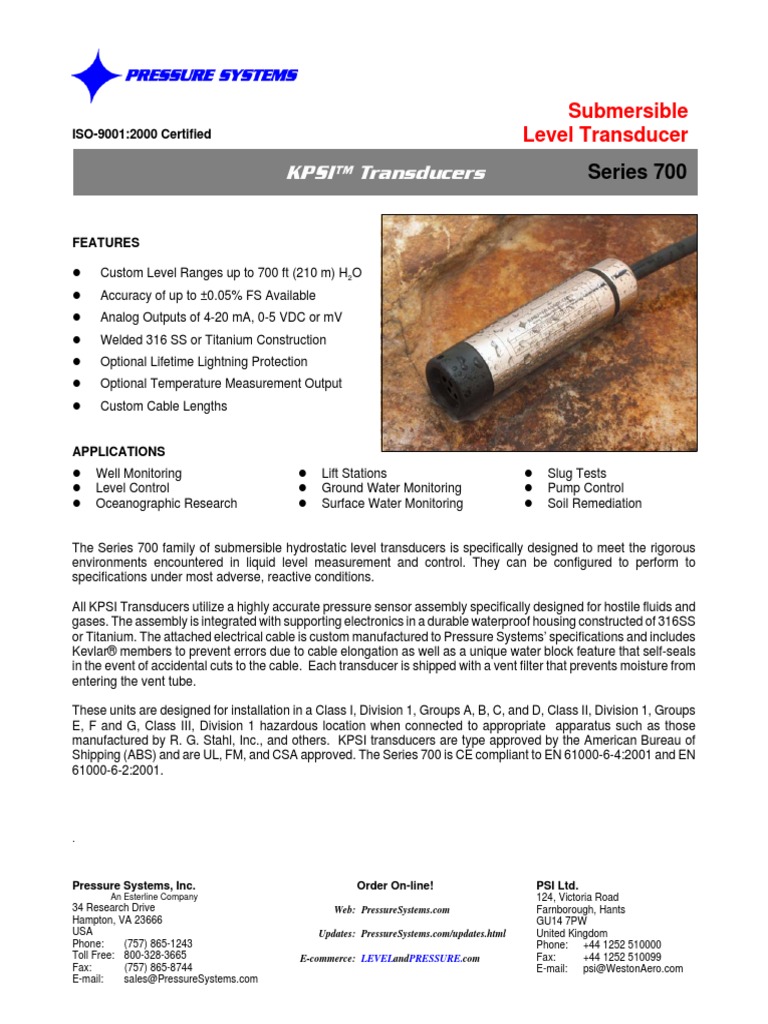 KPSI™ Transducers: Submersible Level Transducer | PDF | Electrical ...