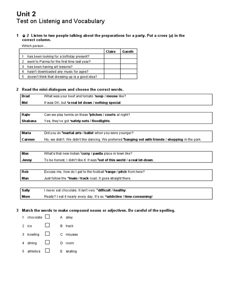 Unit 2: Test On Listenig and Vocabulary | PDF | Sports
