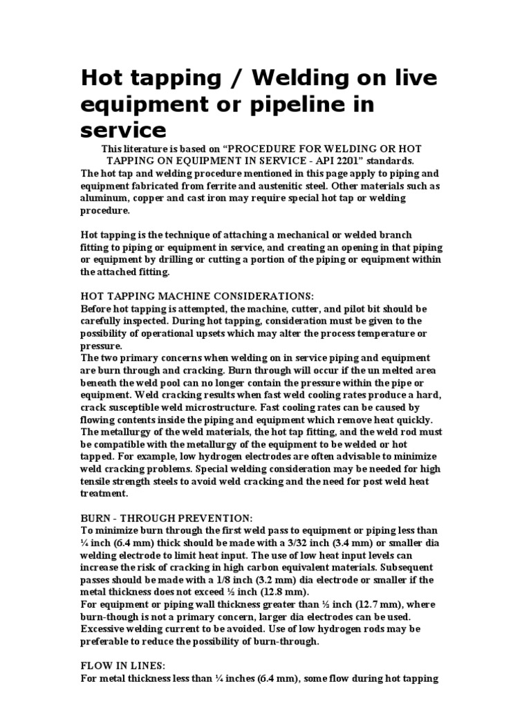 Hot Tapping / Welding On Live Equipment or Pipeline in Service | PDF