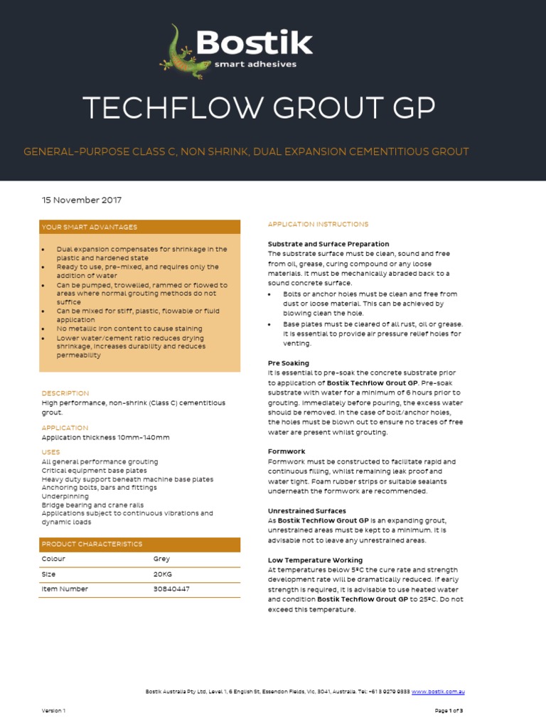 Techflow Grout GP: General-Purpose Class C, Non Shrink, Dual Expansion Cementitious Grout ...