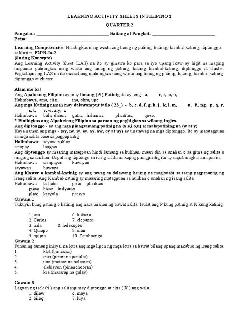 Learning-Activity-Sheets-In-Filipino-Quarter-2-Week-2-Grade 2 | PDF