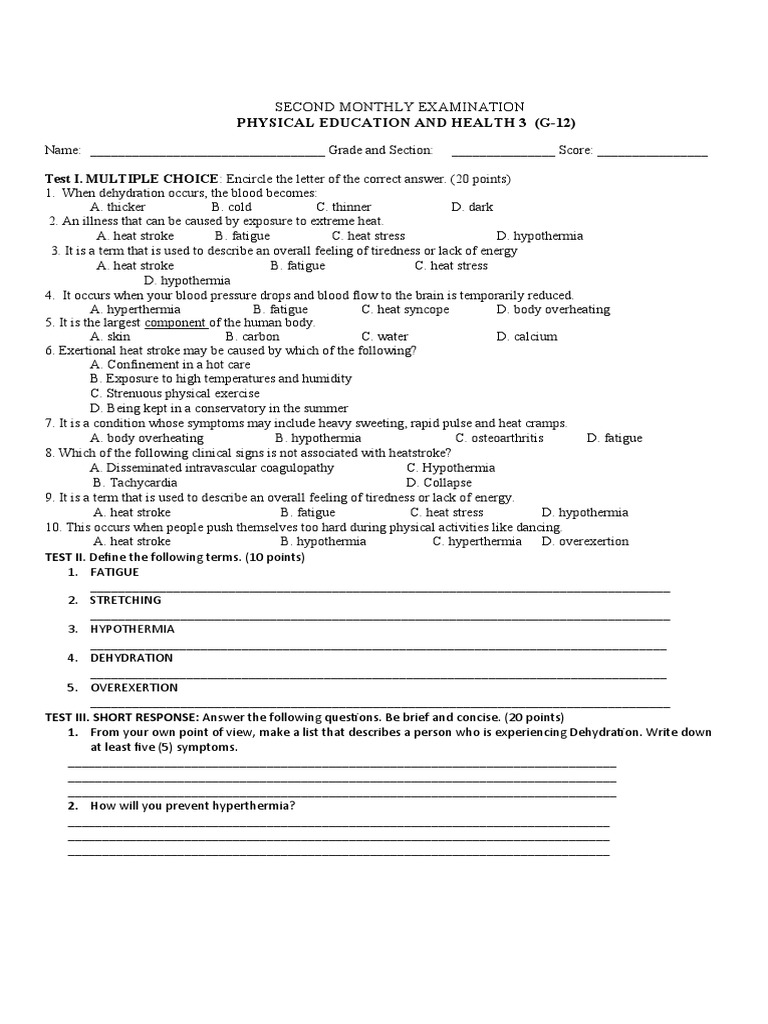 Physical Education and Health 3 (G-12) : Second Monthly Examination ...