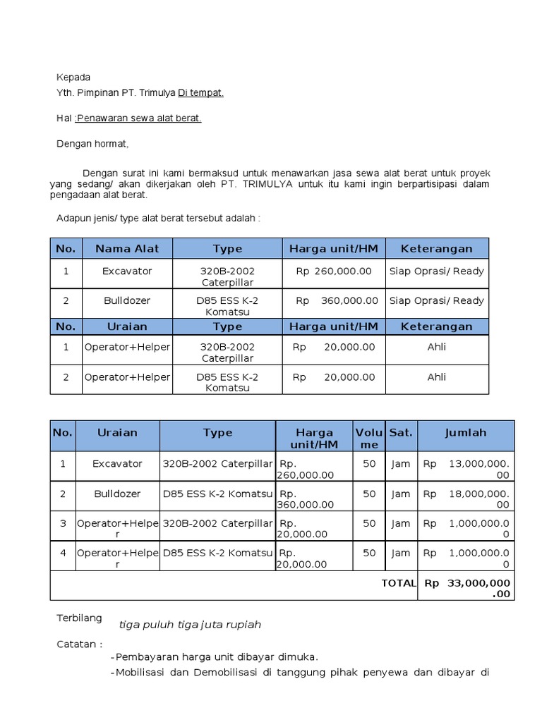 Surat Penawaran Alat Berat | PDF