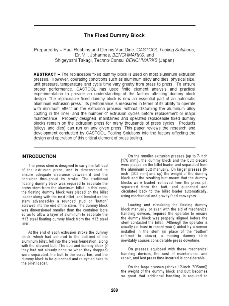 Fixed Dummy Block in Aluminum Extrusion | PDF | Deformation ...
