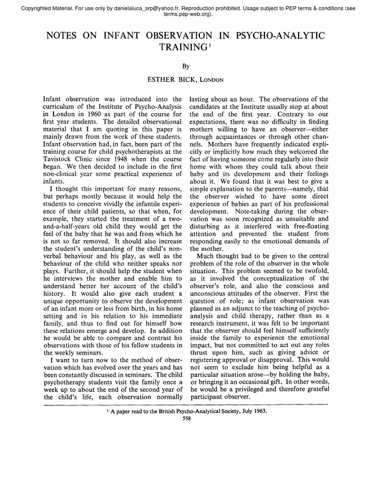 Esther Bick - Infant Observation | PDF | Breast | Psychoanalysis