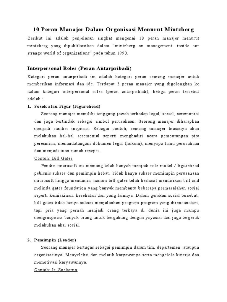 10 Peran Manajer Dalam Organisasi Menurut Mintzberg | PDF