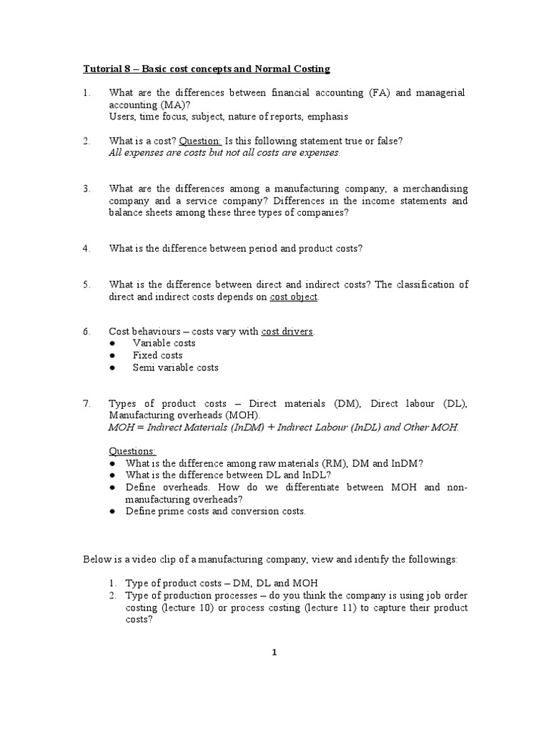 Tutorial 8 - Basic Cost Concepts and Normal Costing: All Expenses Are ...