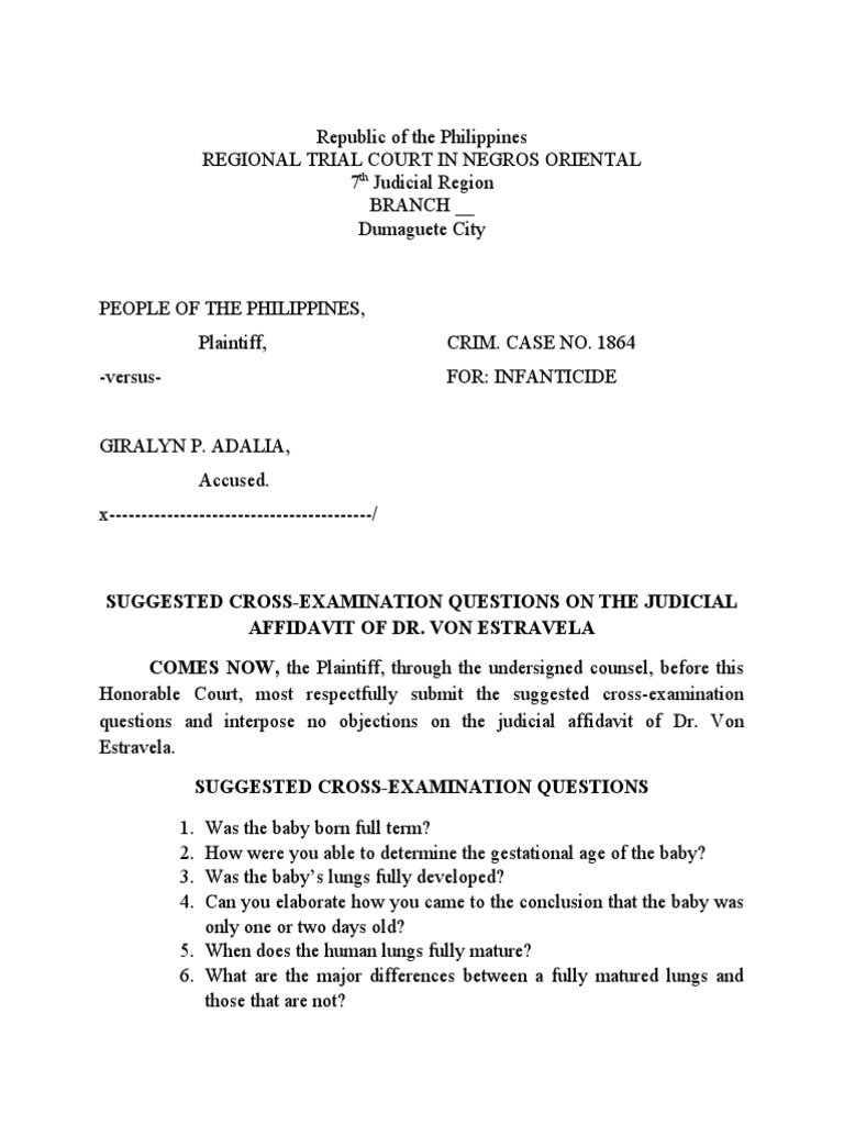Sample SUGGESTED CROSS-EXAMINATIONQUESTIONS | PDF | Courts | Criminal Law