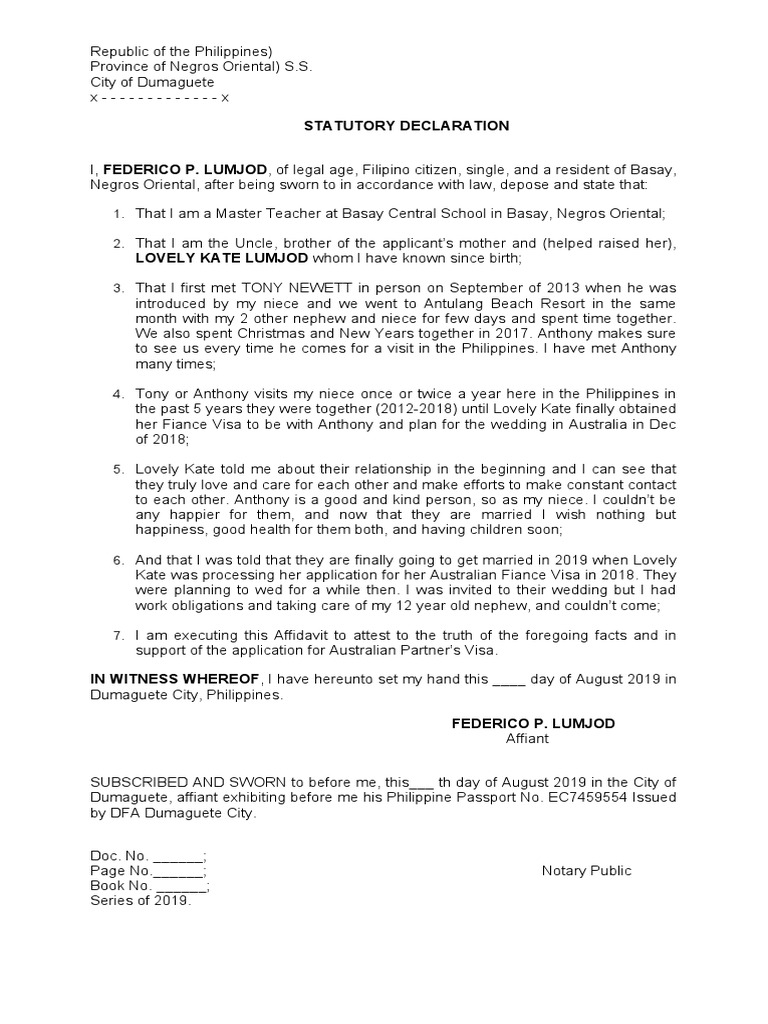 Statutory Declaration for Partner Visa | PDF | Affidavit | Government ...