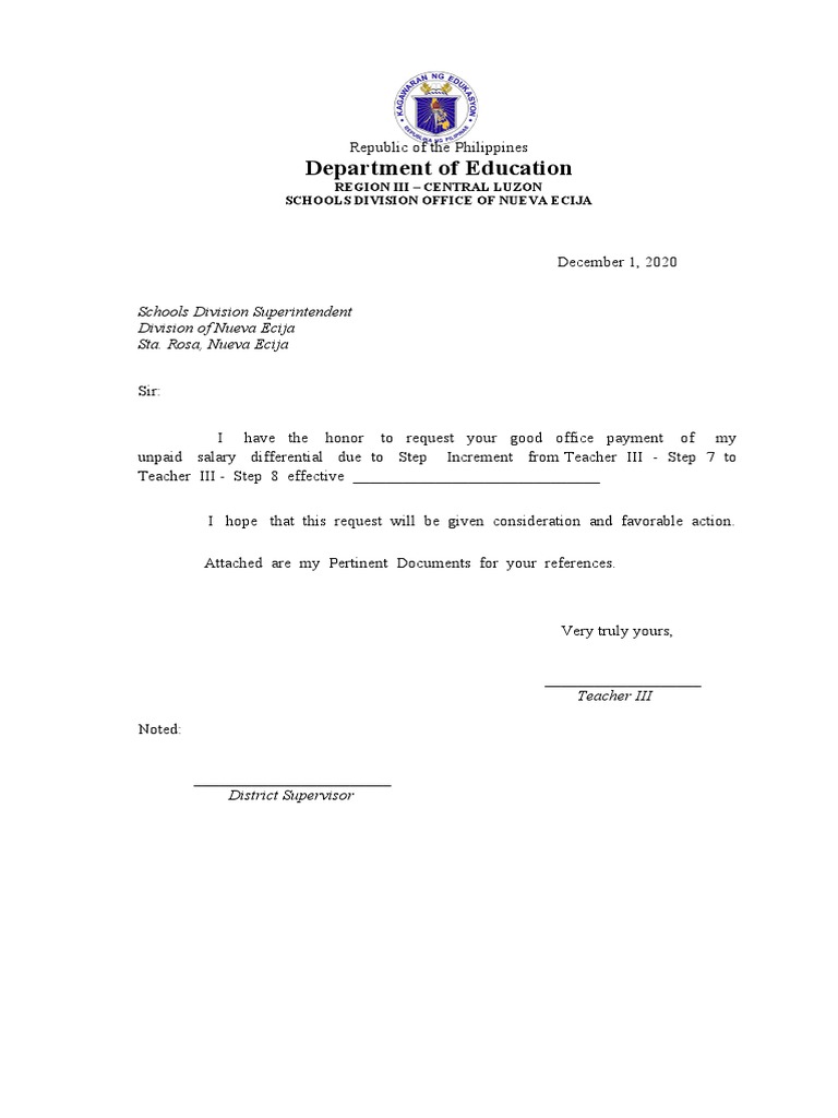 Letter Request-Unpaid Salary Differential Due To Step Increment | PDF ...