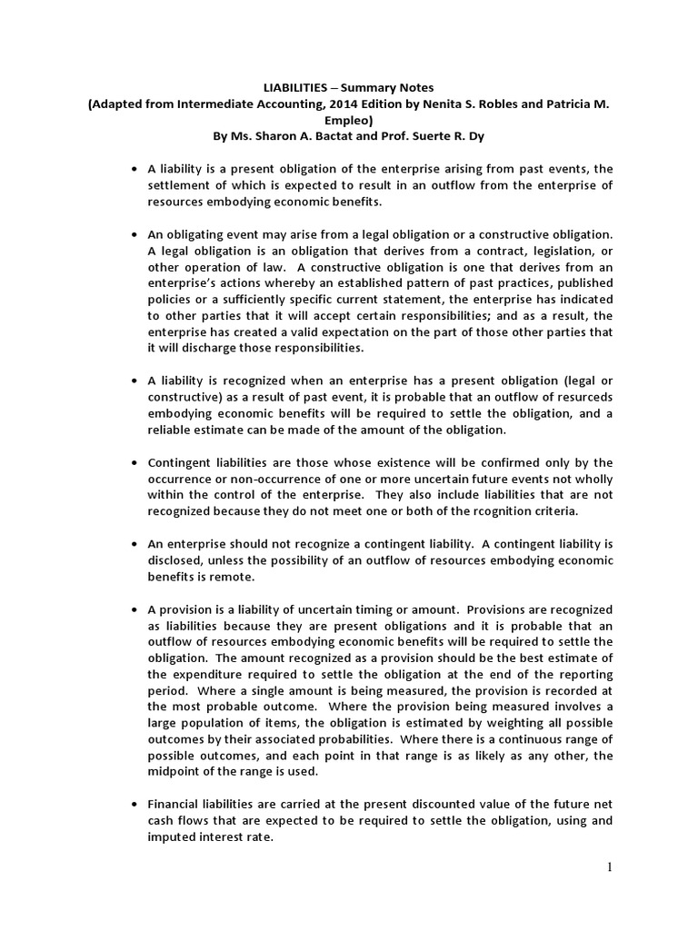 Summary Notes Liabilities Pdf Balance Sheet Financial Services