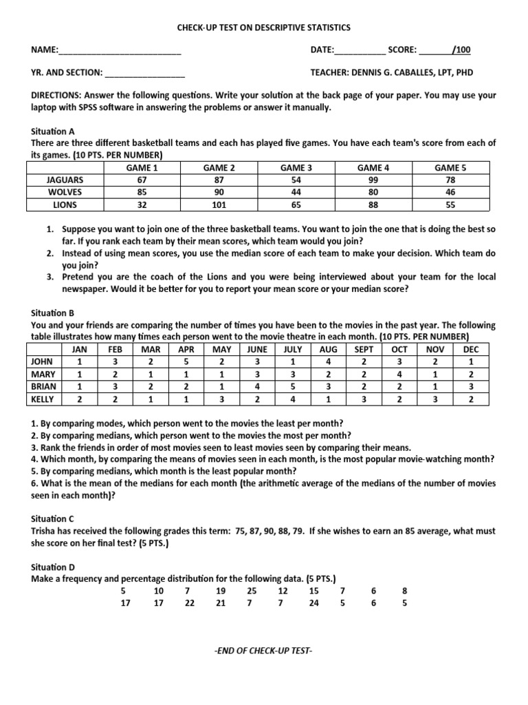 Descriptive Statistics Check-Up Test | PDF | Mean | Analysis