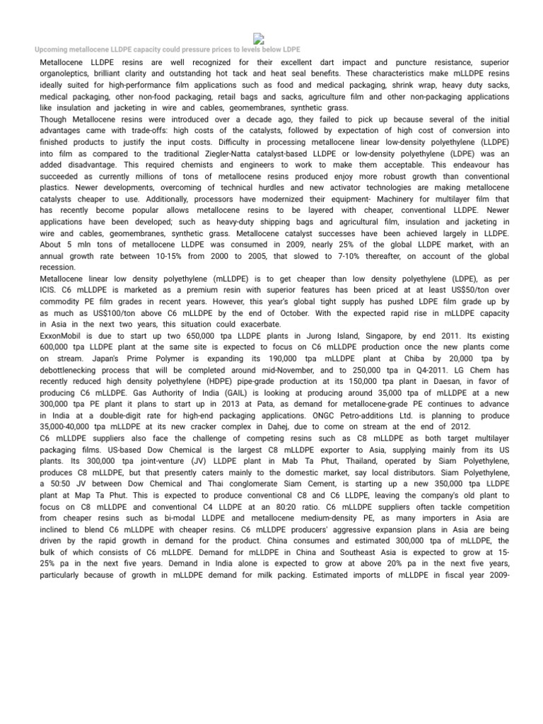 Upcoming Metallocene LLDPE Capacity Could Pressure Prices To Levels ...