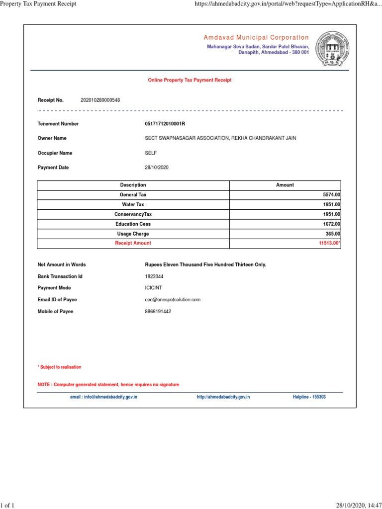 Amdavad Municipal Corporation: Online Property Tax Payment Receipt ...