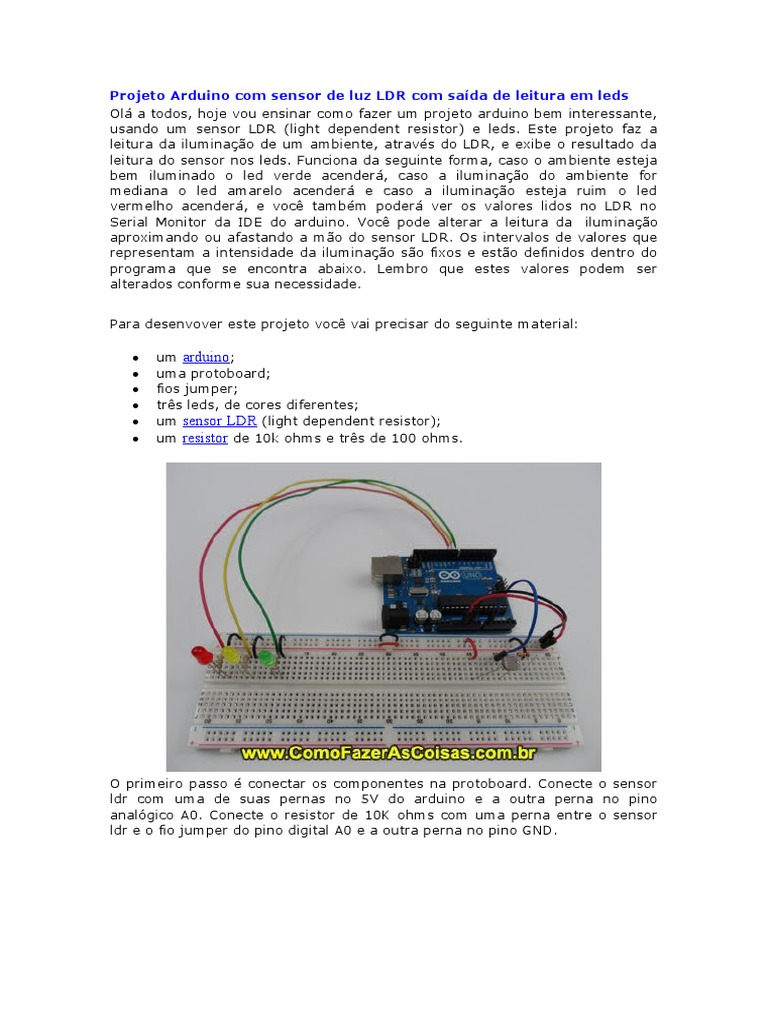 Projeto Arduino Com Sensor de Luz LDR Com Saída de Leitura em Leds | PDF | Arduino | Diodo ...