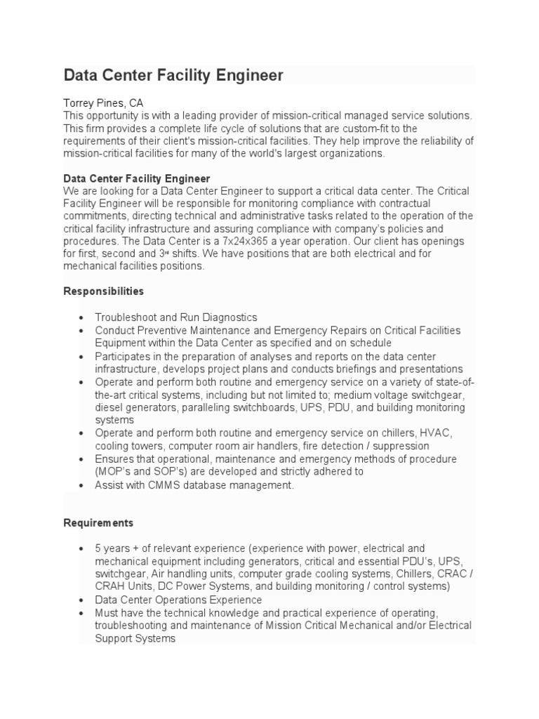Data Center Facility Engineer | PDF | Data Center | Reliability Engineering