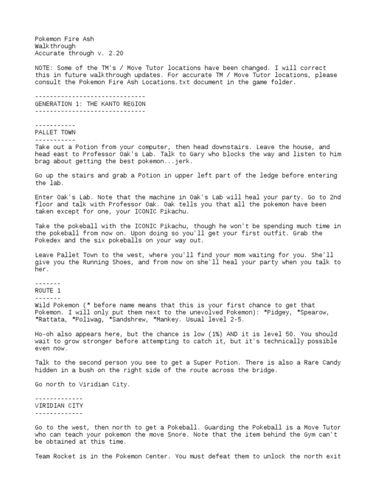 Pokémon Fire Ash Walkthrough | PDF | Pokémon | Nintendo Franchises