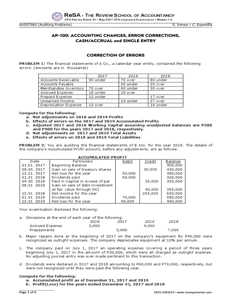 AP-100 (Accounting Changes, Error Correcton, Cash - Accrual and Single ...