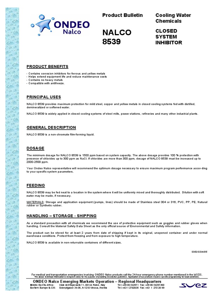 Nalco 8539: Product Bulletin Cooling Water Chemicals Closed System ...