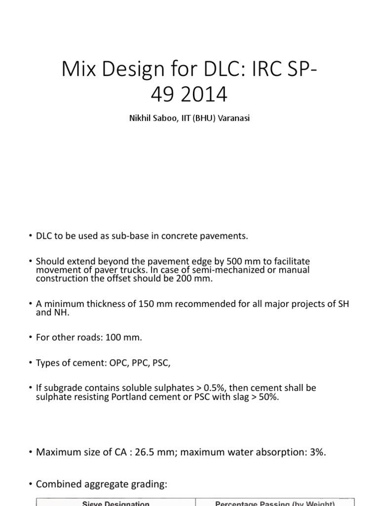 Mix Design For DLC: IRC SP-49 2014: Nikhil Saboo, IIT (BHU) Varanasi ...