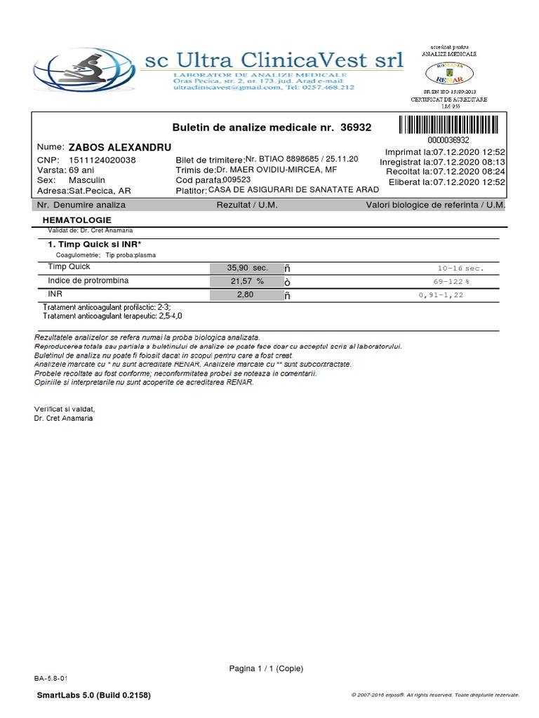 Buletin de Analize Medicale Nr. 36932: Zabos Alexandru | PDF