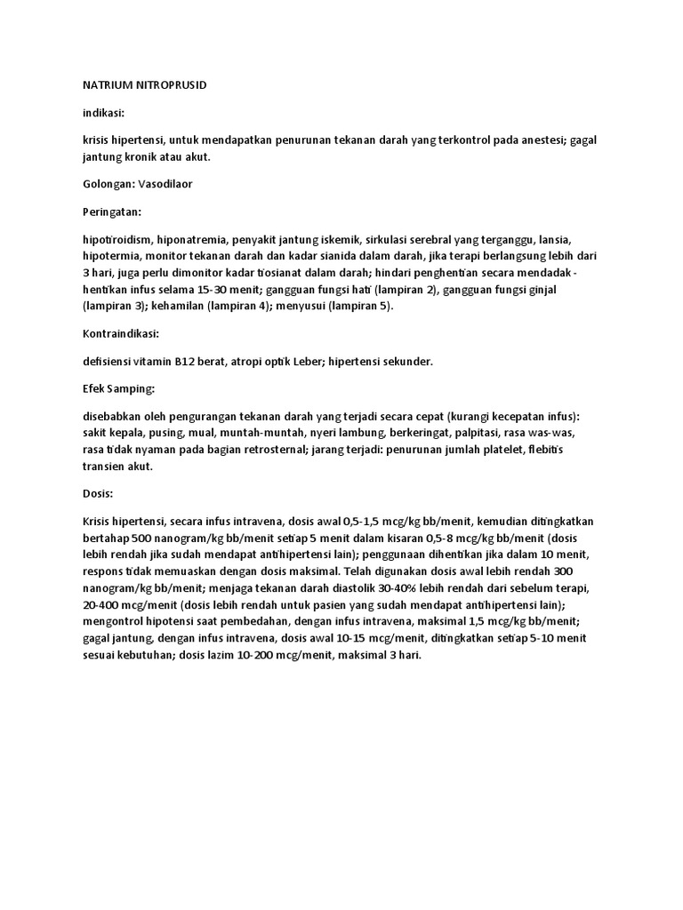 Natrium Nitroprusid: Indikasi dan Dosis | PDF