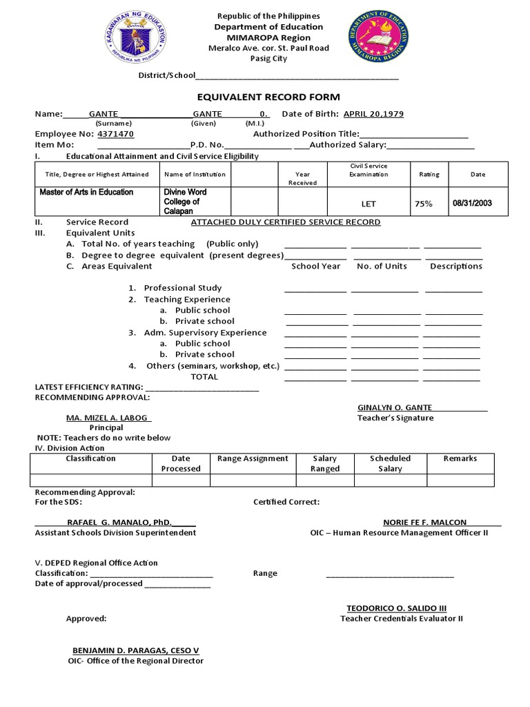 Equivalent Record Form: Department of Education MIMAROPA Region | PDF