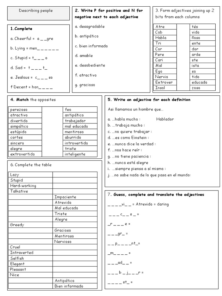 GCSE Spanish Revision Quickie Adjectives | PDF