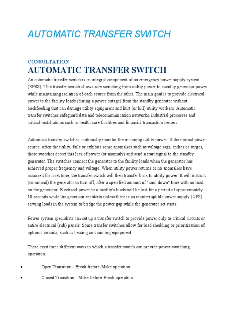 Automatic Transfer Switch | PDF | Switch | Electric Power