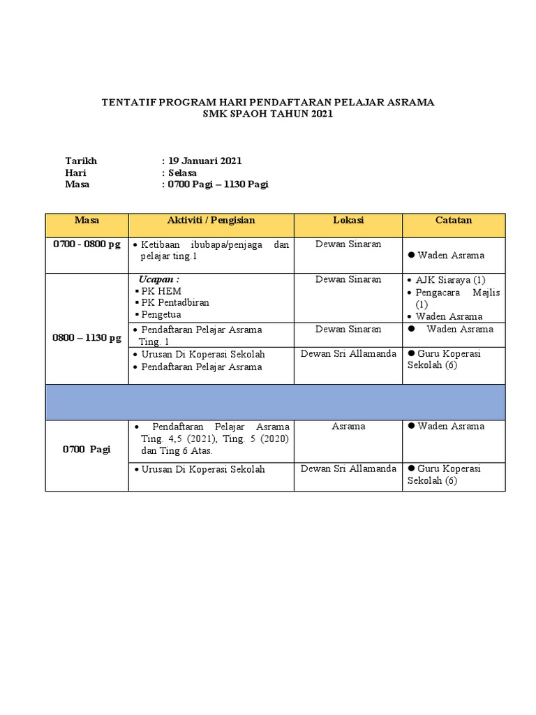 Tentatif Program Hari Pendaftaran Pelajar Asrama SMK Spaoh Tahun 2021 | PDF