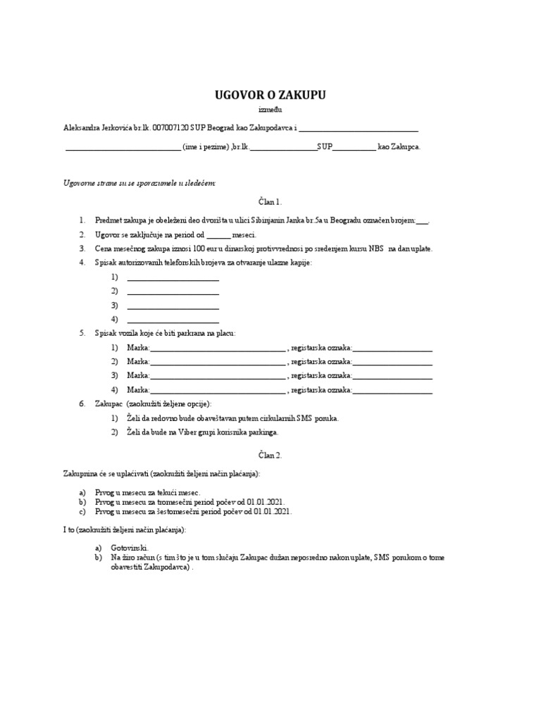 Ugovor o Zakupu Garaze | PDF