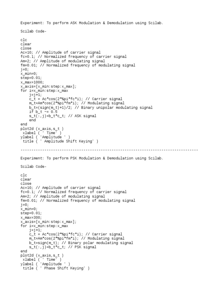 Digital Communication Lab Scilab Program Ask Fsk Psk Pdf Modulation