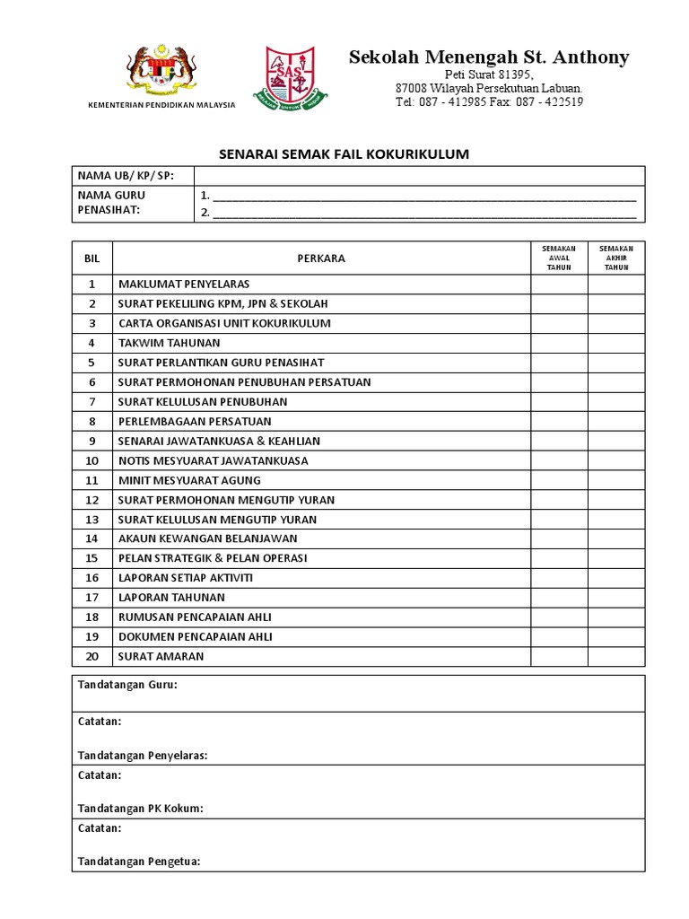 Senarai Semak Fail Kokurikulum | PDF