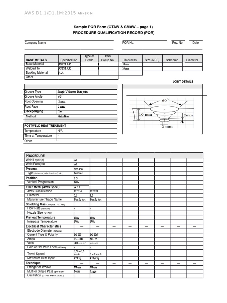 M 1 Gtaw Smaw d1 1 2015 PQR Form PDF | PDF | Welding | Construction