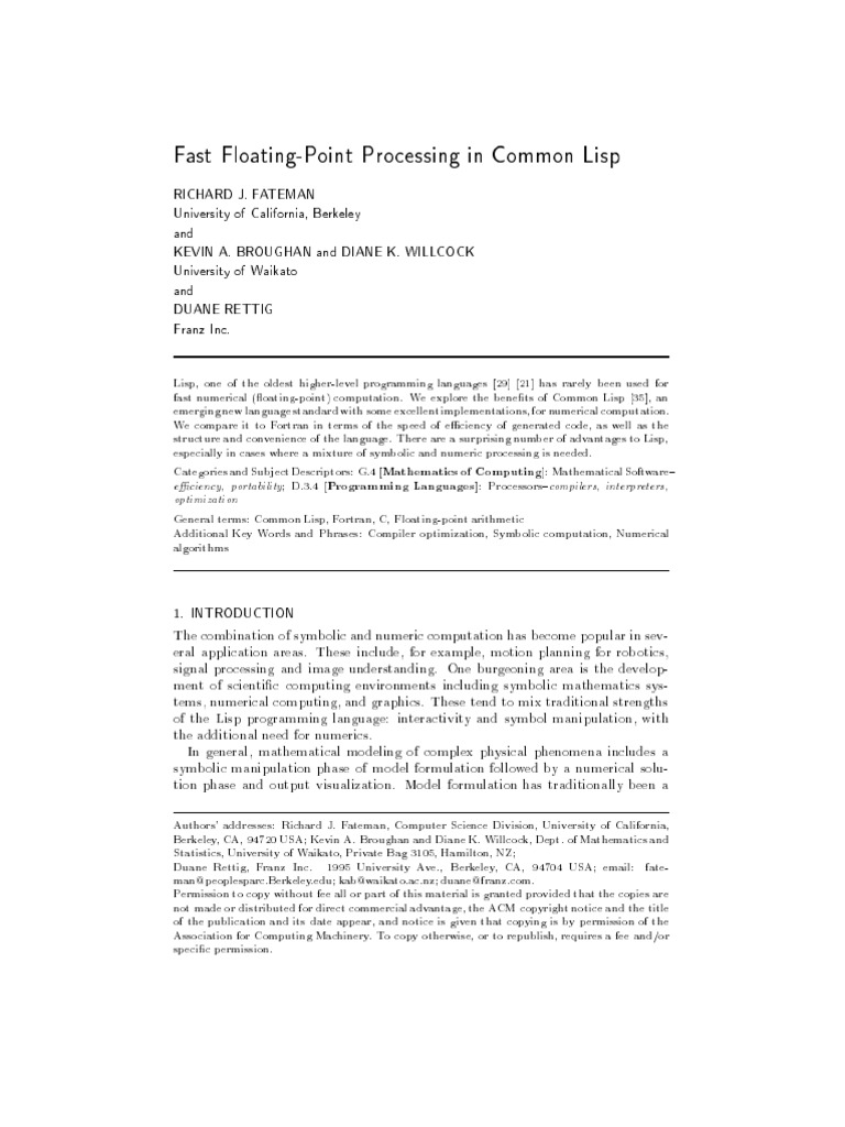 Fateman Et Al - Fast Floating-Point Processing in Common Lisp | PDF | Subroutine | Pointer ...