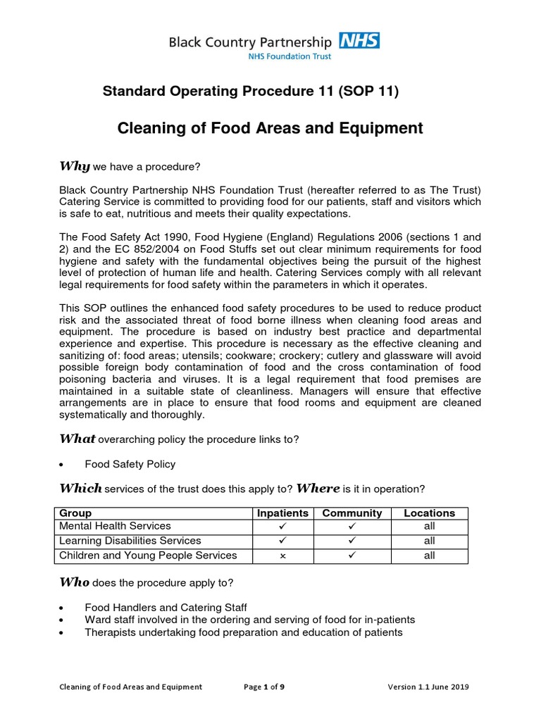 Cleaning of Food Areas and Equipment: Standard Operating Procedure 11 ...