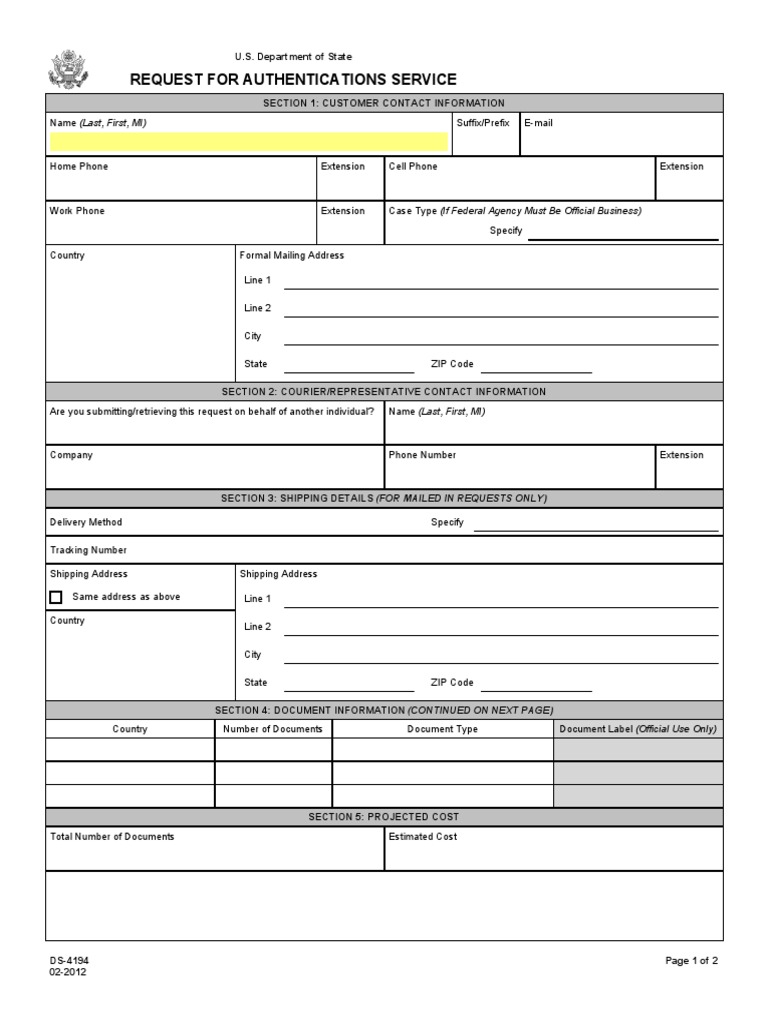 DS-4194 Authentication Request Form | PDF | Debit Card | United States ...