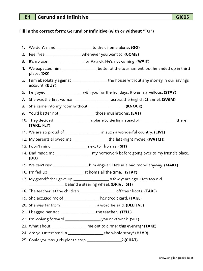 B1 Gerund and Infinitive GI005: Fill in The Correct Form: Gerund or ...